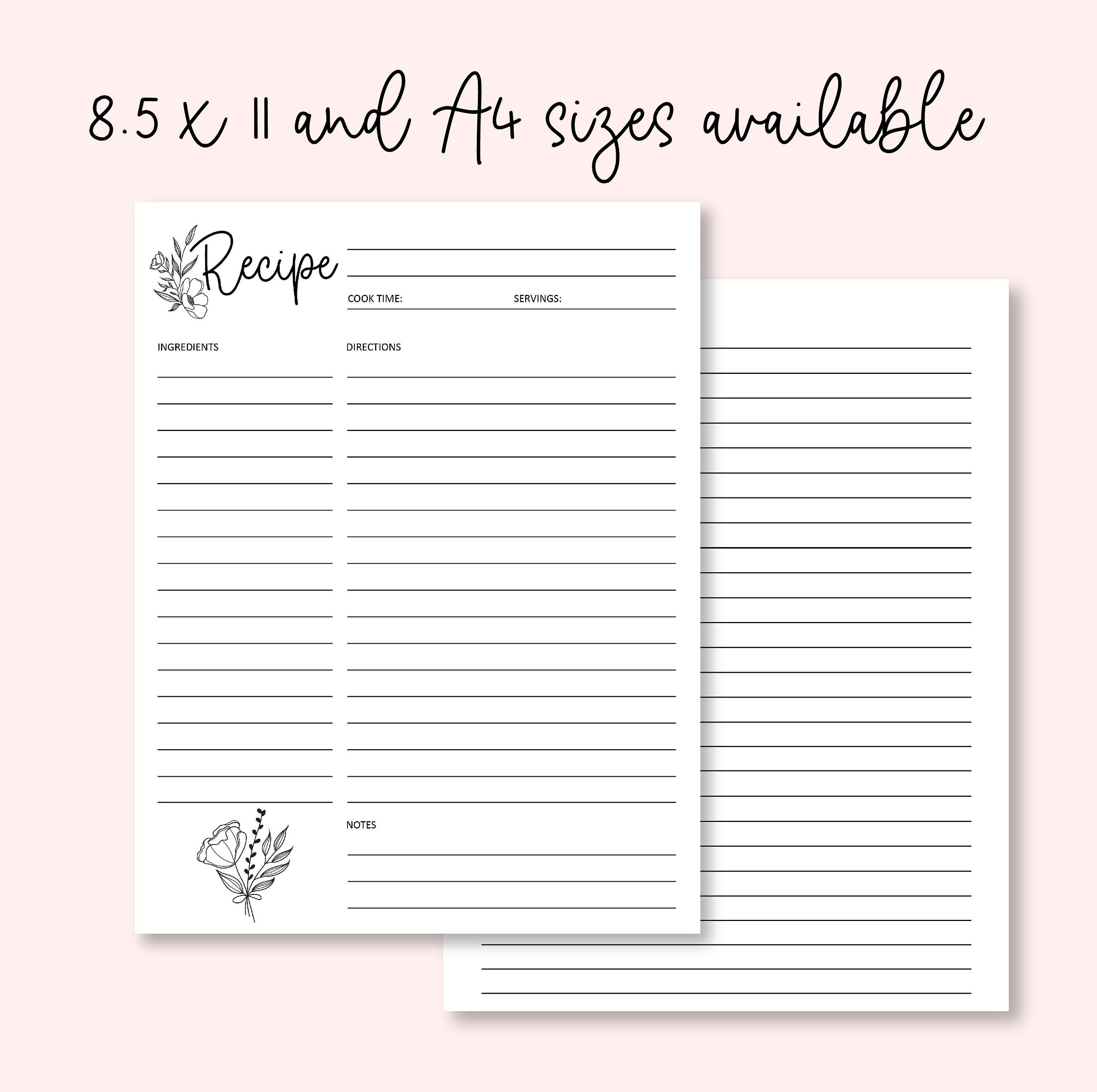 Recipe Page Printable - Floral Illustrations [DIGITAL DOWNLOAD] - Etsy