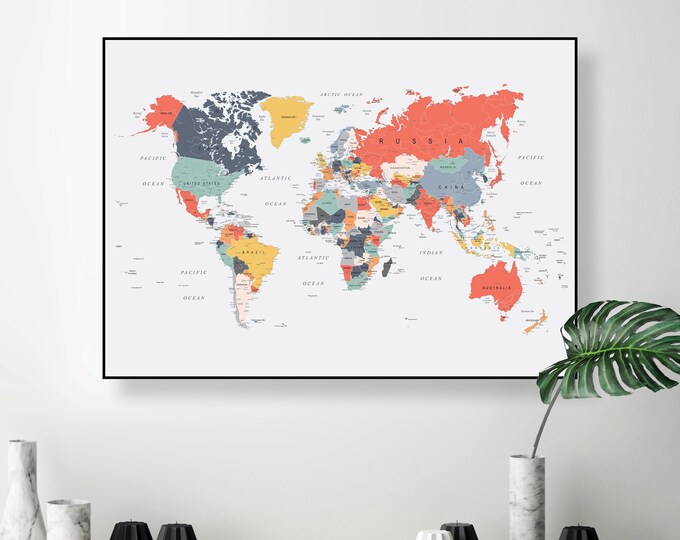 Printable world map poster happy colors Downloadable large | Etsy