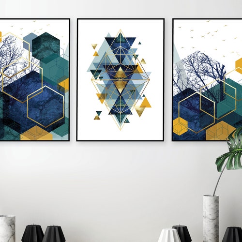Printable Modern Mid Century Set of 3 Teal Yellow - Etsy