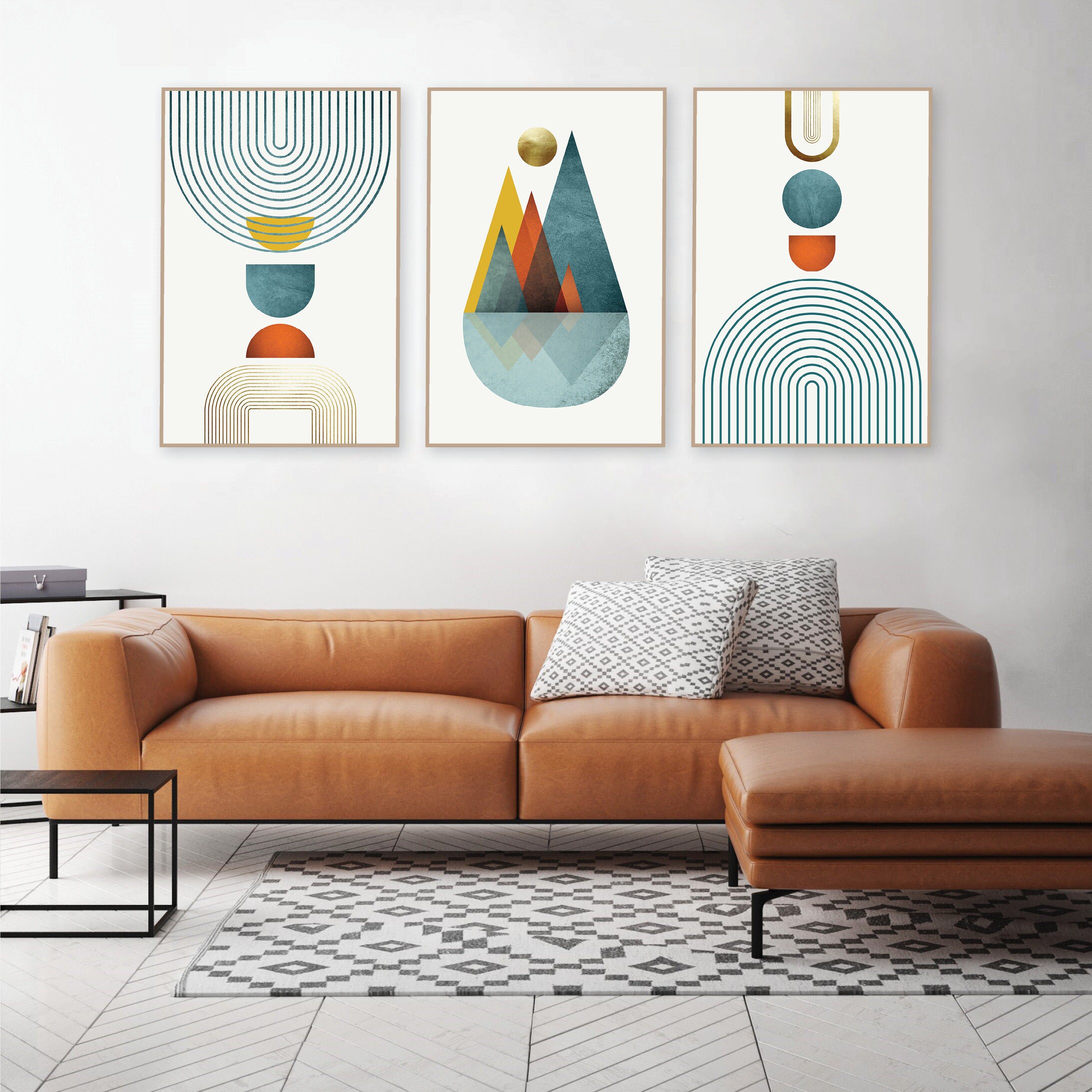 Printable Burnt Orange Teal Gold Wall Art, Art Set of 3, Mid Century ...