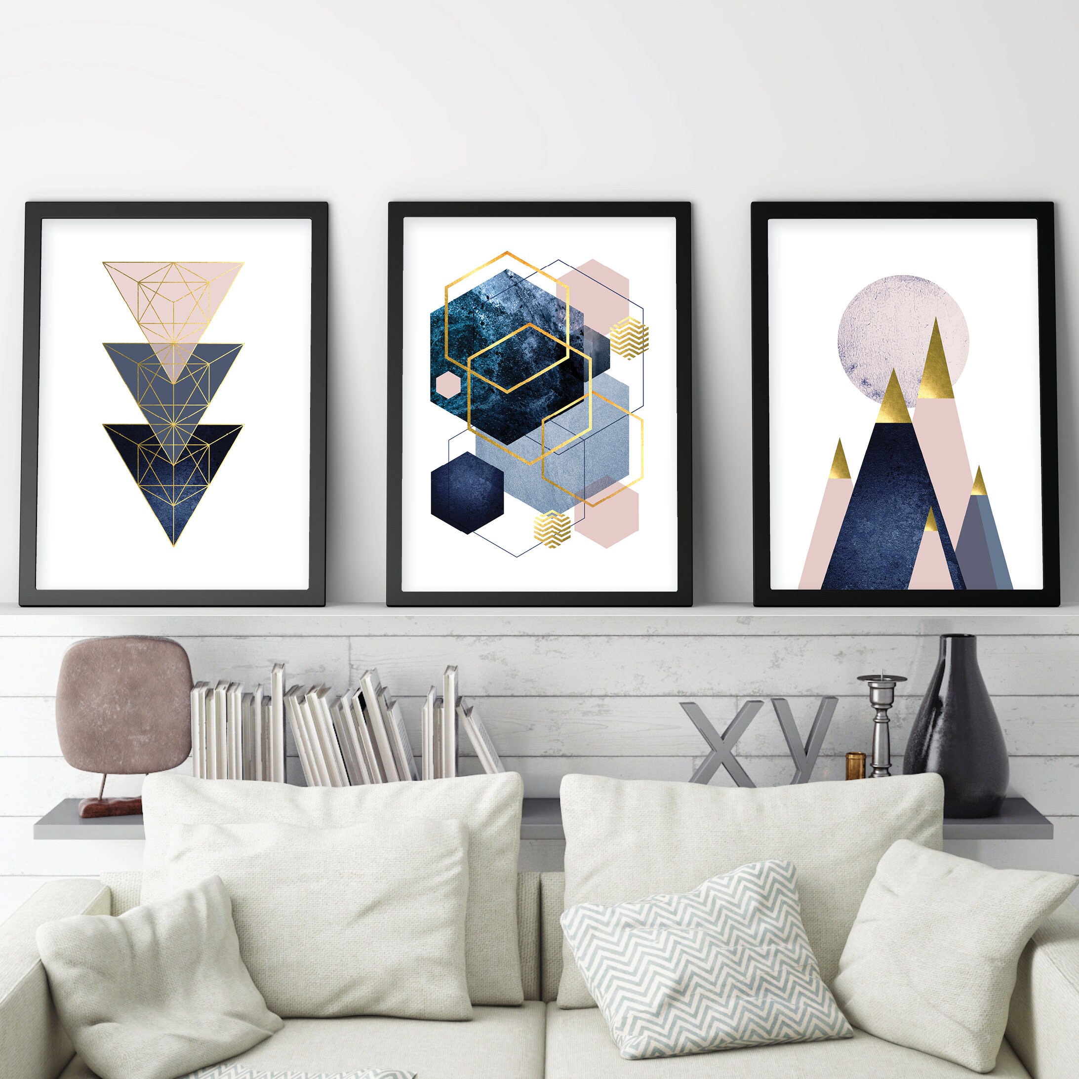 Set of 3 printable blush pink navy blue gold posters Living | Etsy