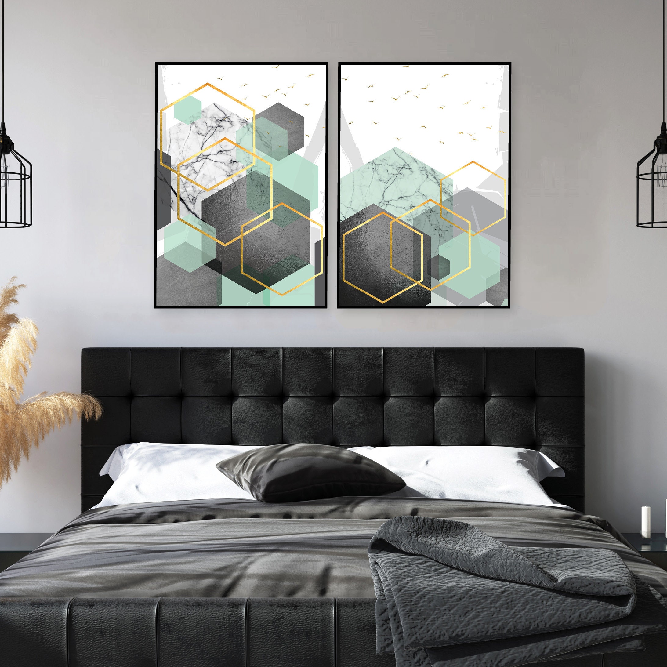 Set of 2 Mint Green Grey Gold Downloadable Geometric Prints - Etsy ...