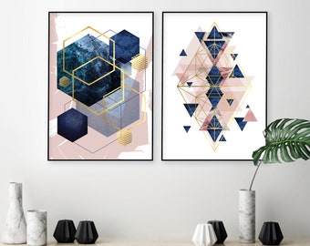 Set of 2 printable blush and navy geometric art prints Digital | Etsy