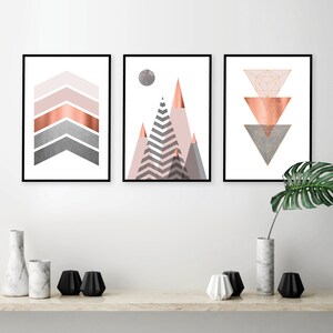 Set of 3 Geometric Print Pink Marble Gray Rose Gold Printable Wall Art ...