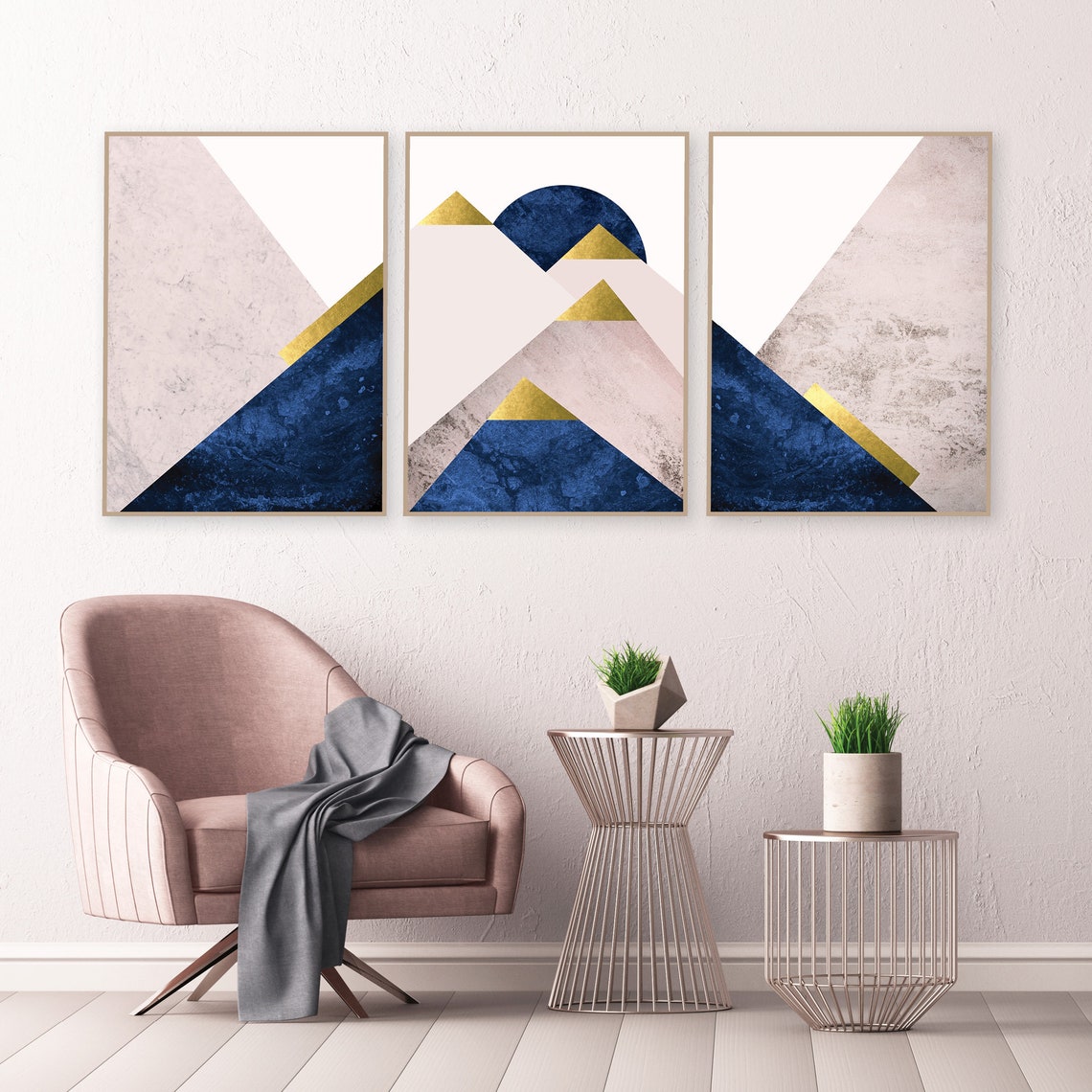 Blush Pink Navy Gold Printable Art Set of 3 Downloadable Mountain ...