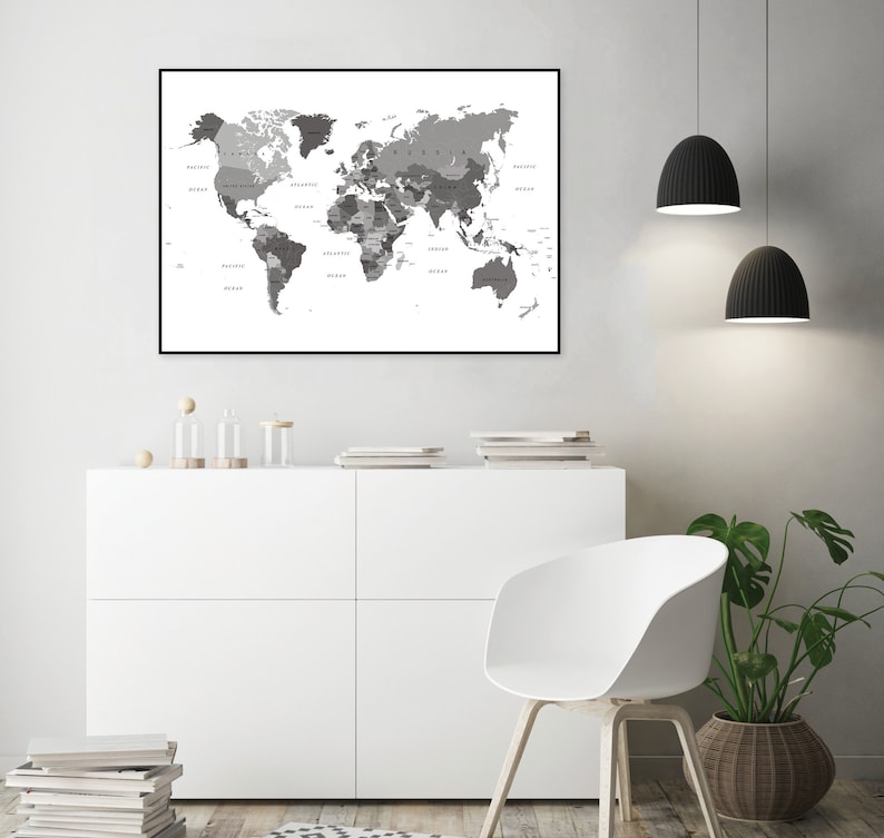 Small World Map Printable Monochrome Black White and Gray - Etsy