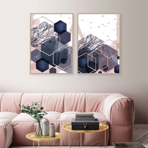 Set of 2 Printable Blush and Navy Geometric Art Prints Digital Download ...