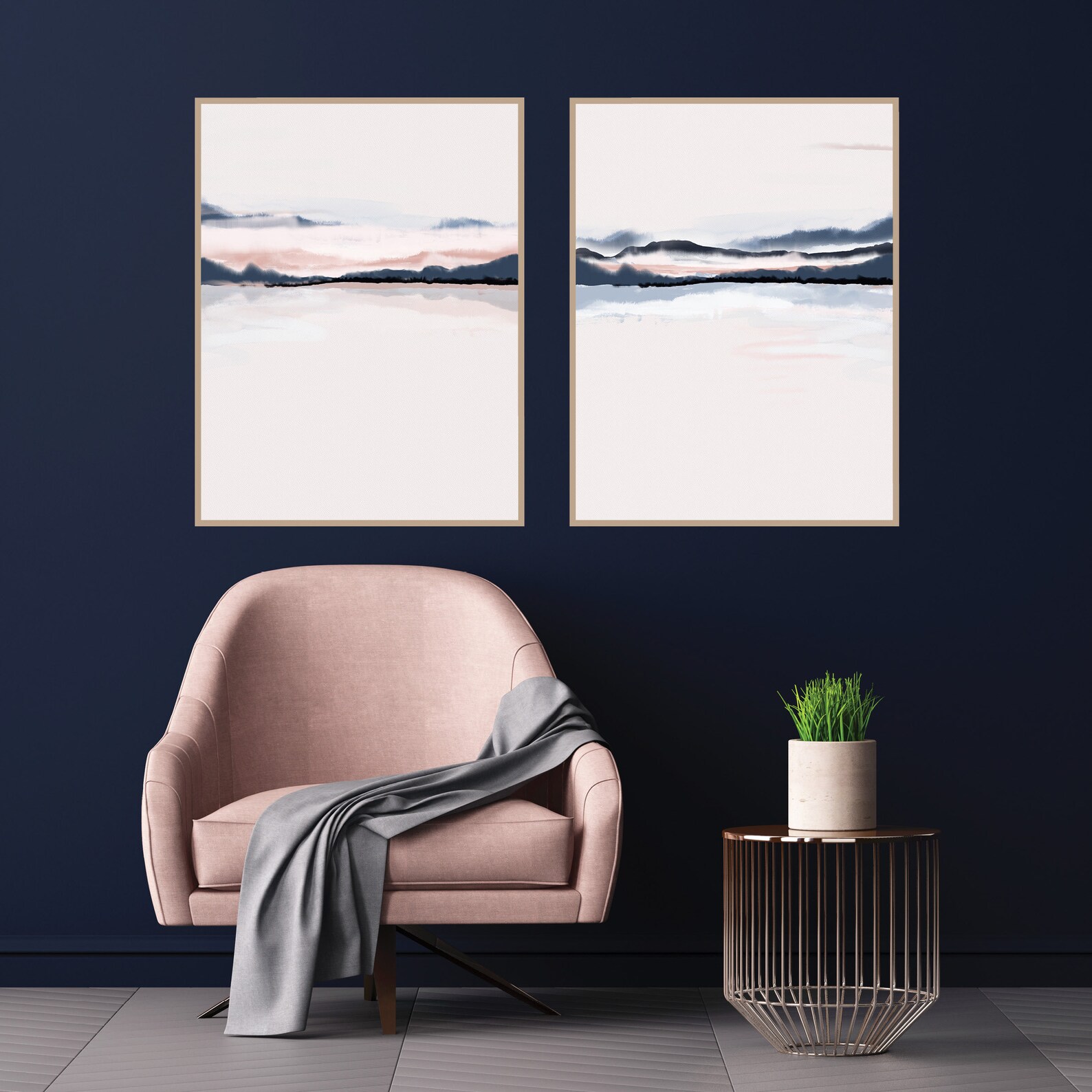 Horizon, Blush Navy Wall Art, Set of 2 Prints, Navy Blush Posters ...
