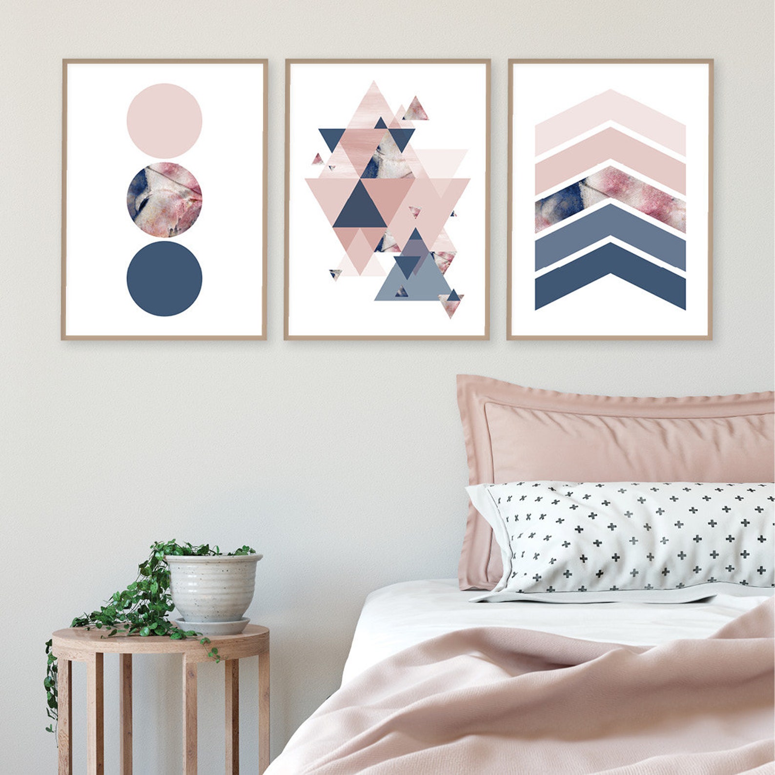 Printable Art, Blush, Navy, Set of 3, Geometric Navy Blush, Blue Blush ...