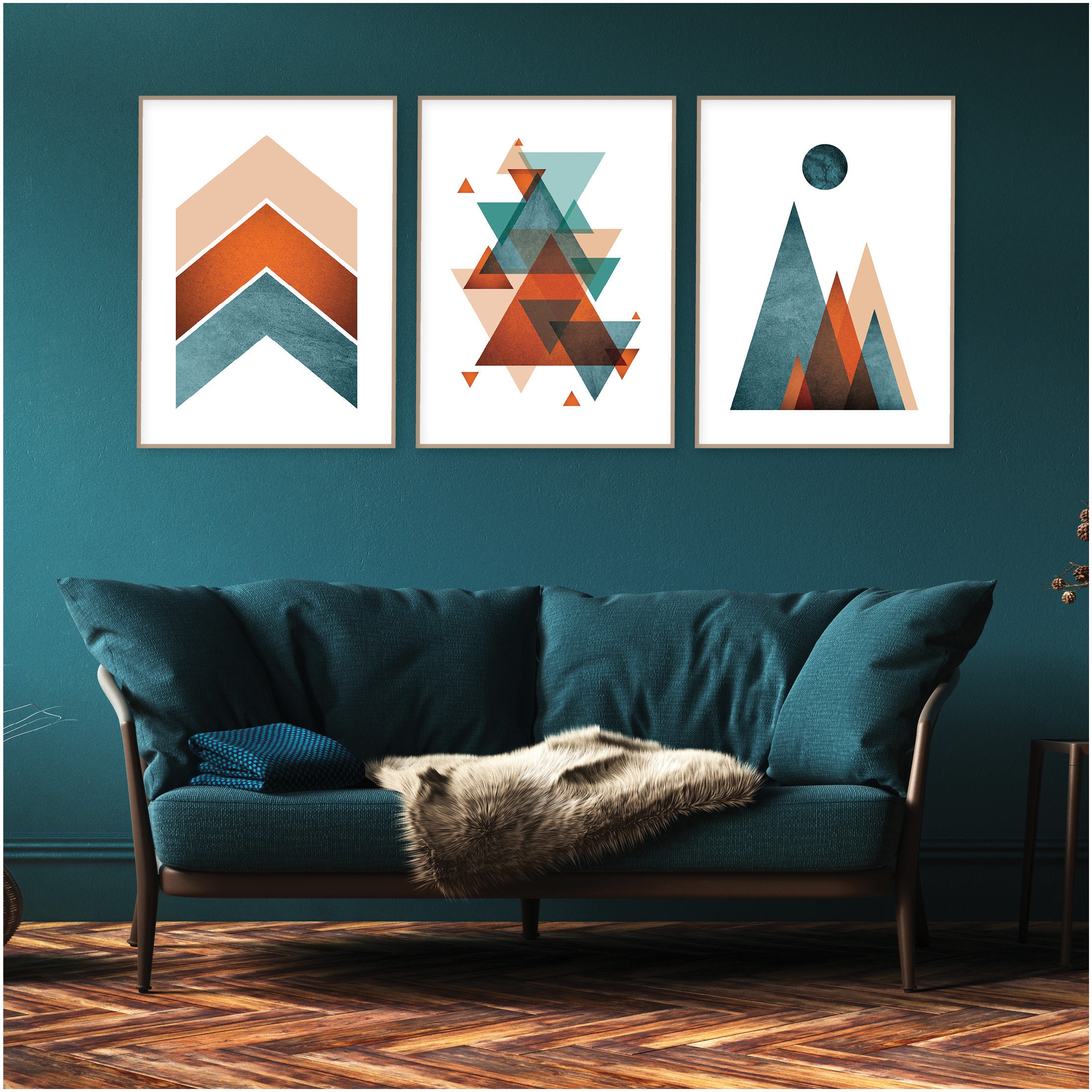 Set of 3 burnt orange teal printable wall art Geometric | Etsy