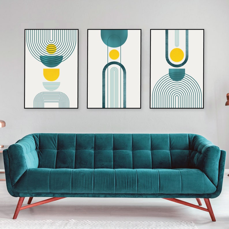 Mid Century Modern Print Set, Teal Yellow Geometric Art (digital ...