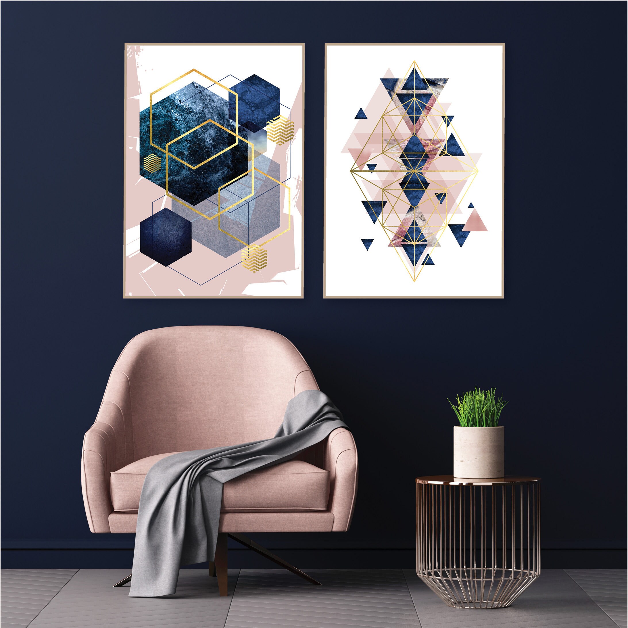 Set of 2 Printable Blush Pink Navy Gold Geometric Prints - Etsy