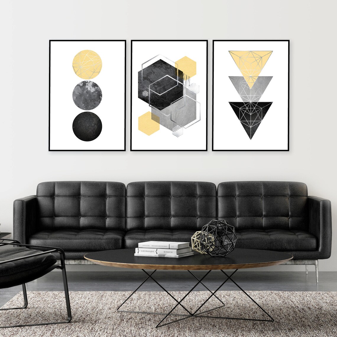 Geometric Art Downloads in Yellow Grey Black Silver Printable - Etsy