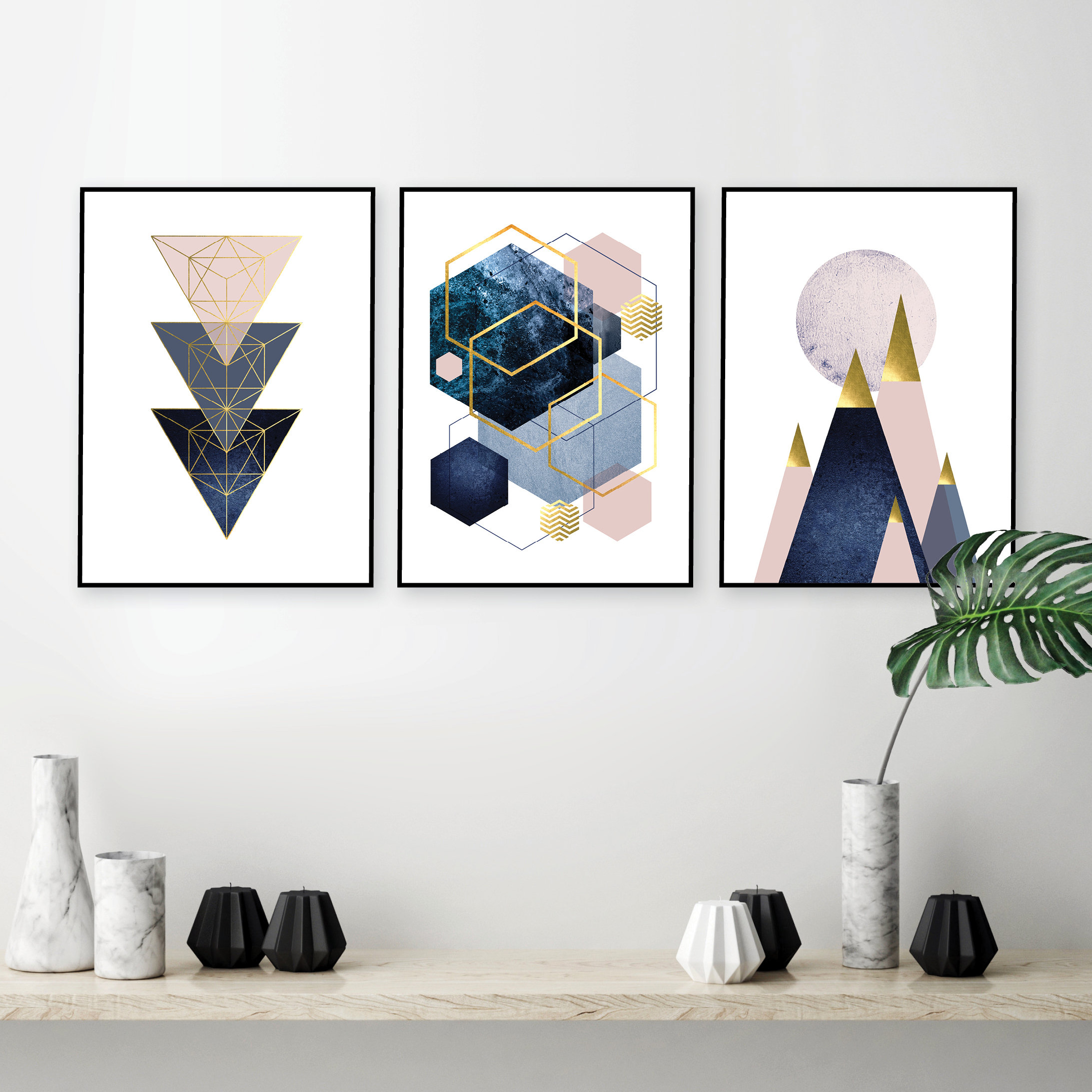 Set of 3 printable blush pink navy blue gold posters Living | Etsy