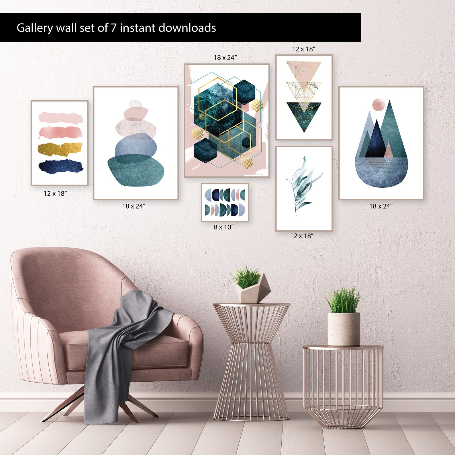 Elegant Blush Pink Teal Navy Blue Gold Printable Gallery Wall - Etsy