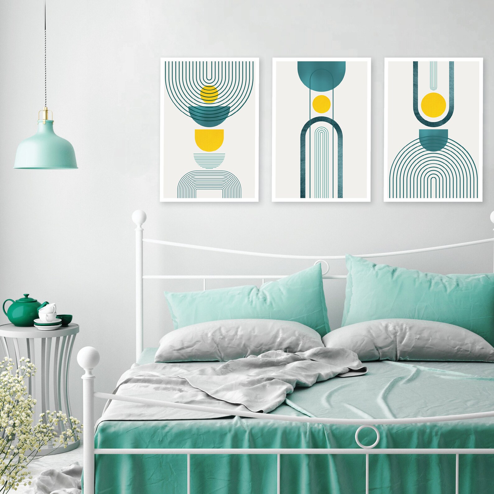 Printable Modern Mid Century Set of 3 Teal Yellow - Etsy