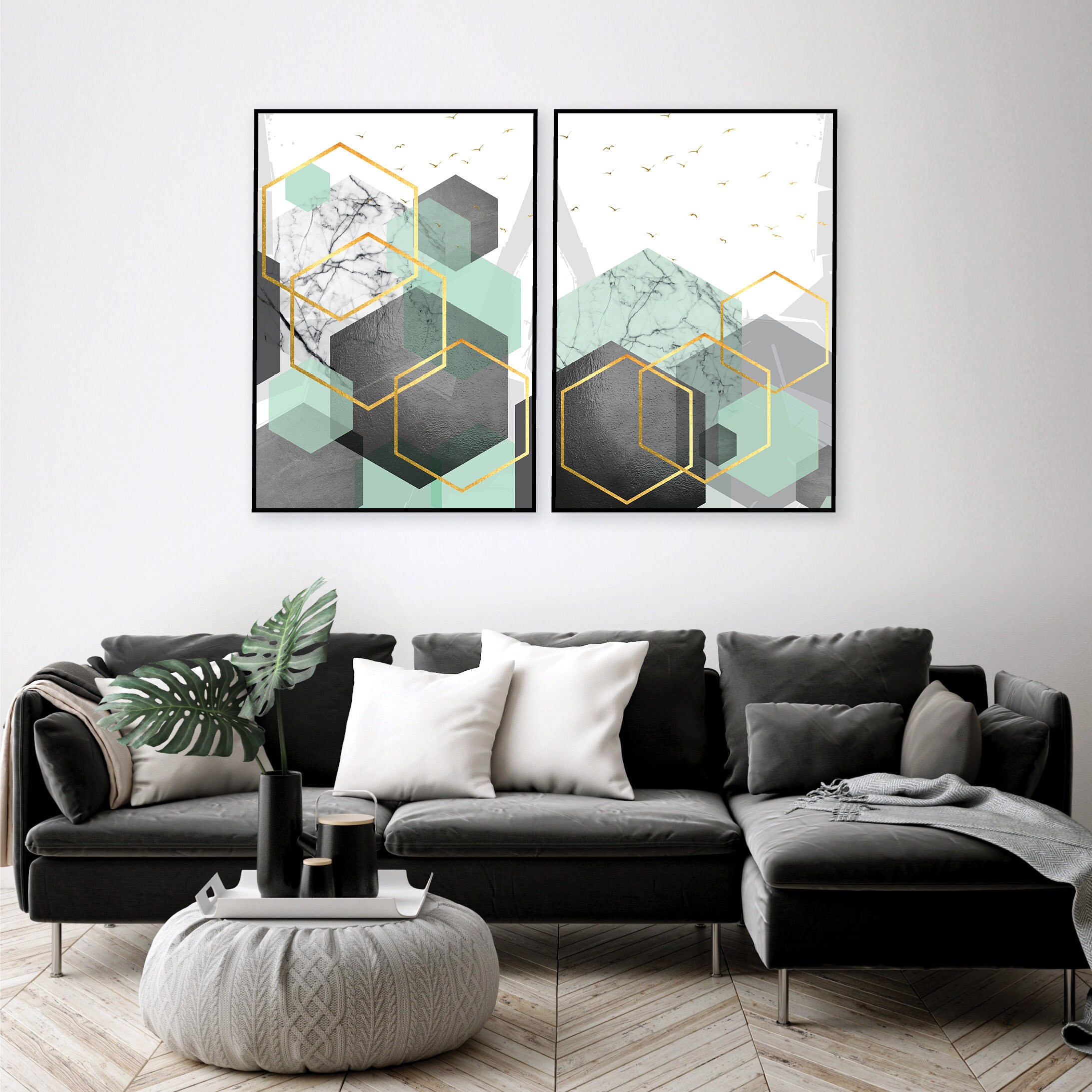 Set of 2 Mint Green Grey Gold Downloadable Geometric Prints, Printable ...
