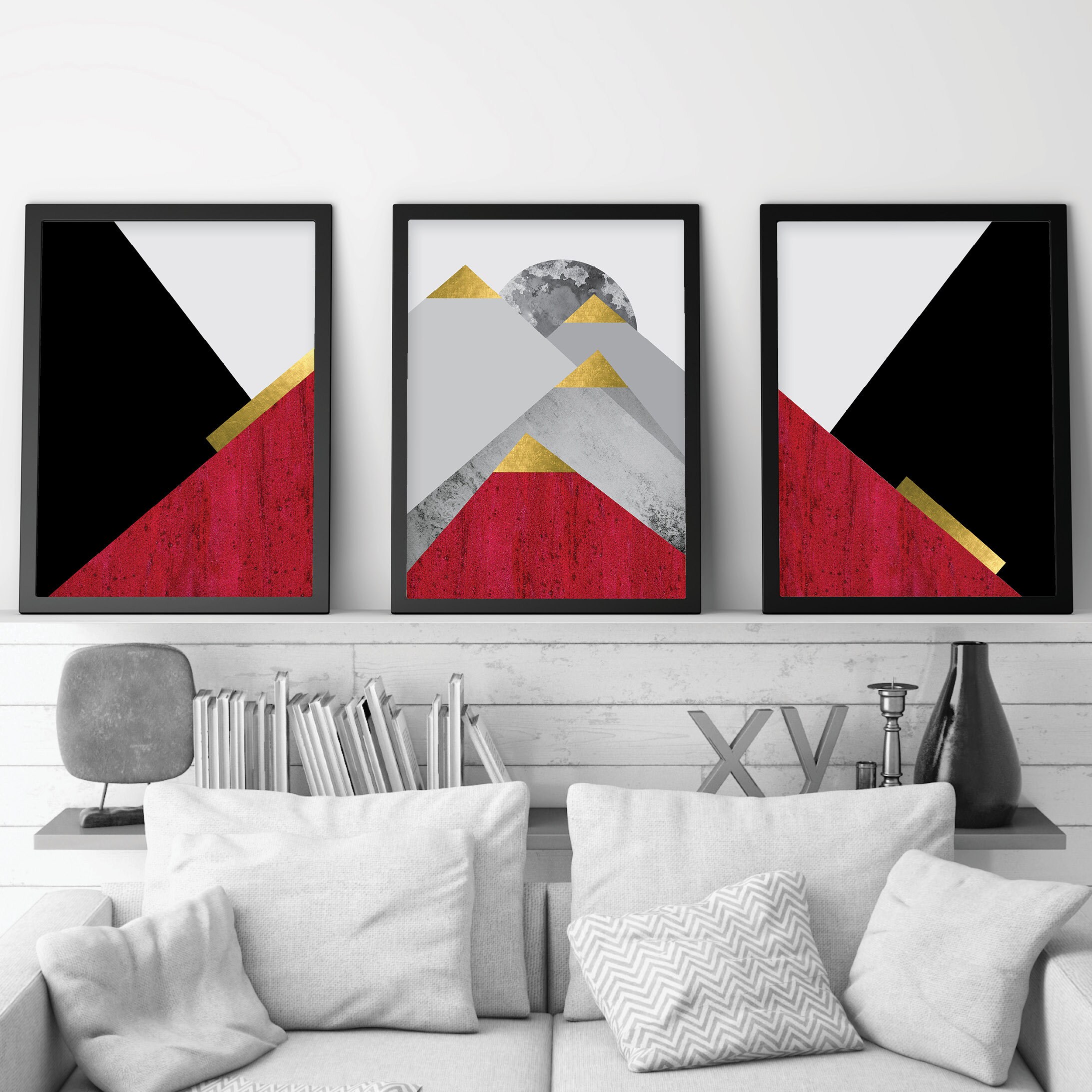 Red Black Grey Gold Mountain Triptych Printable Art Set of 3 Geometric ...