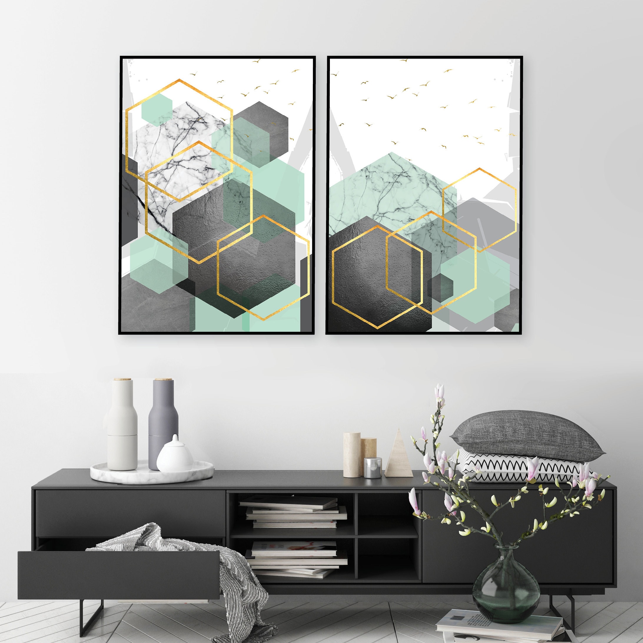 Set of 2 Mint Green Grey Gold Downloadable Geometric Prints, Printable ...