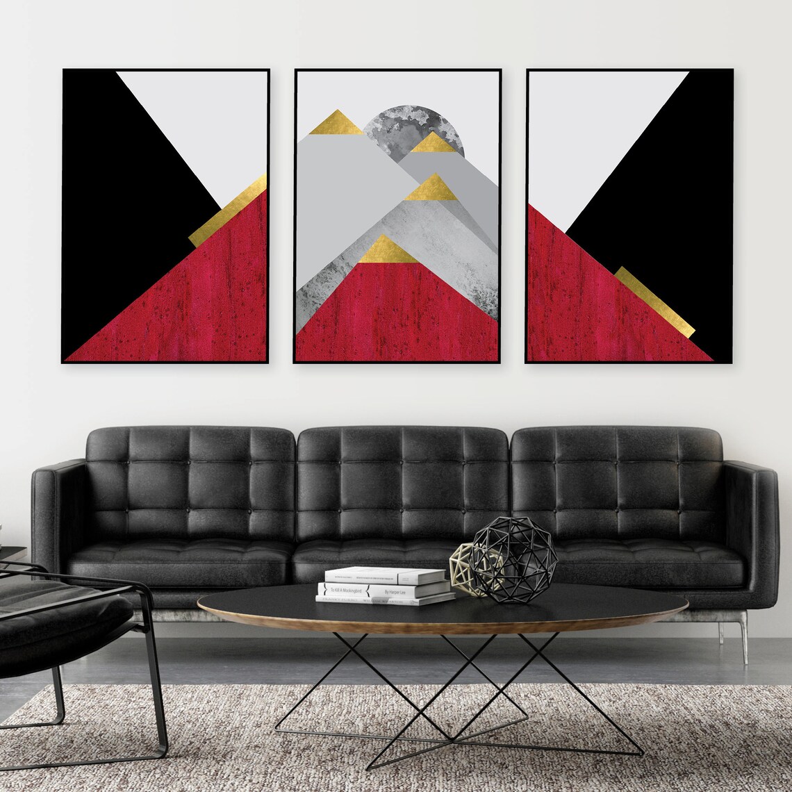 Red Black Grey Gold Mountain Triptych Printable Art Set of 3 Geometric ...