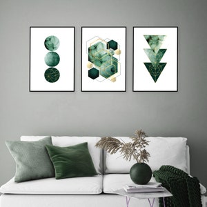 Downloadable Set of 3 Prints Green, Printable Geometric Wall Art, Green ...