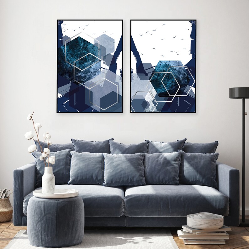 Set of 2 Printable Abstract Geometric Prints in Navy Blue | Etsy