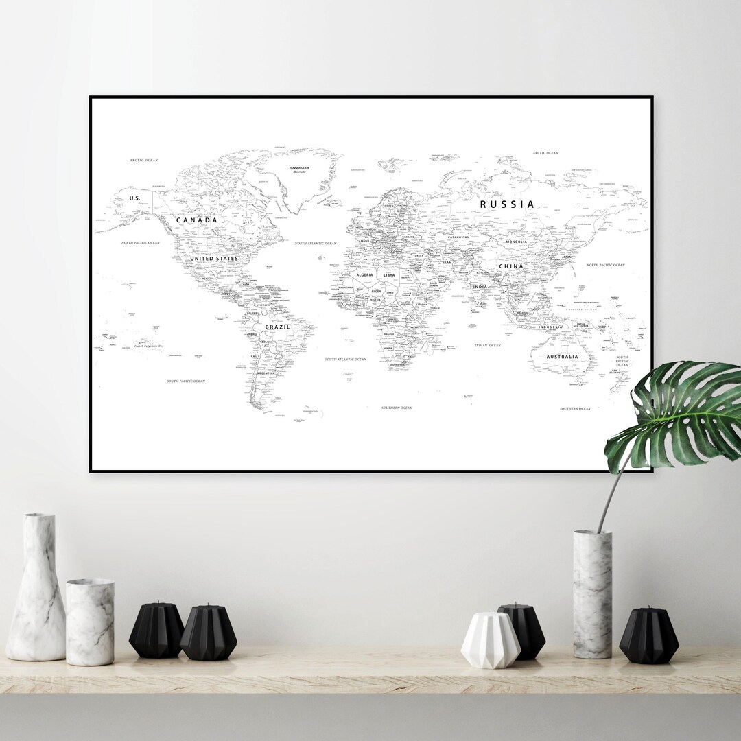 Detailed World Map Printable, White With Black Outlines, XXL Map of the ...