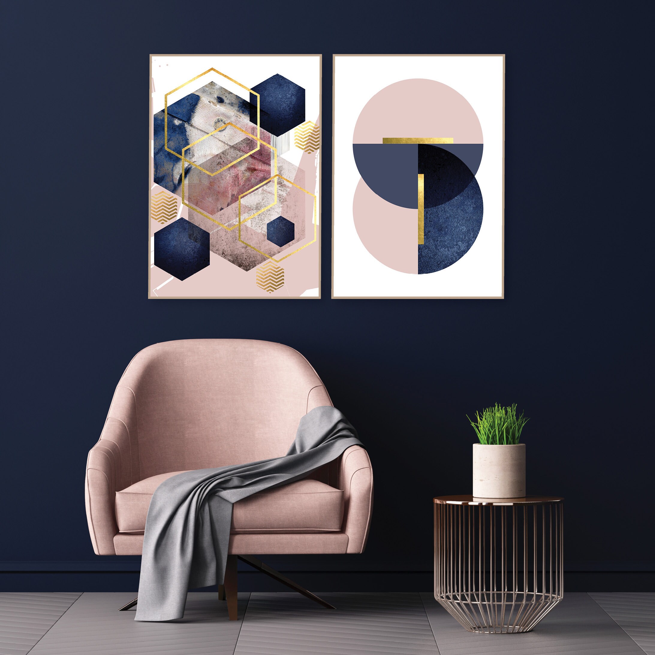 Blush Navy Gold Set of 2 Printable Abstract Digital Download | Etsy