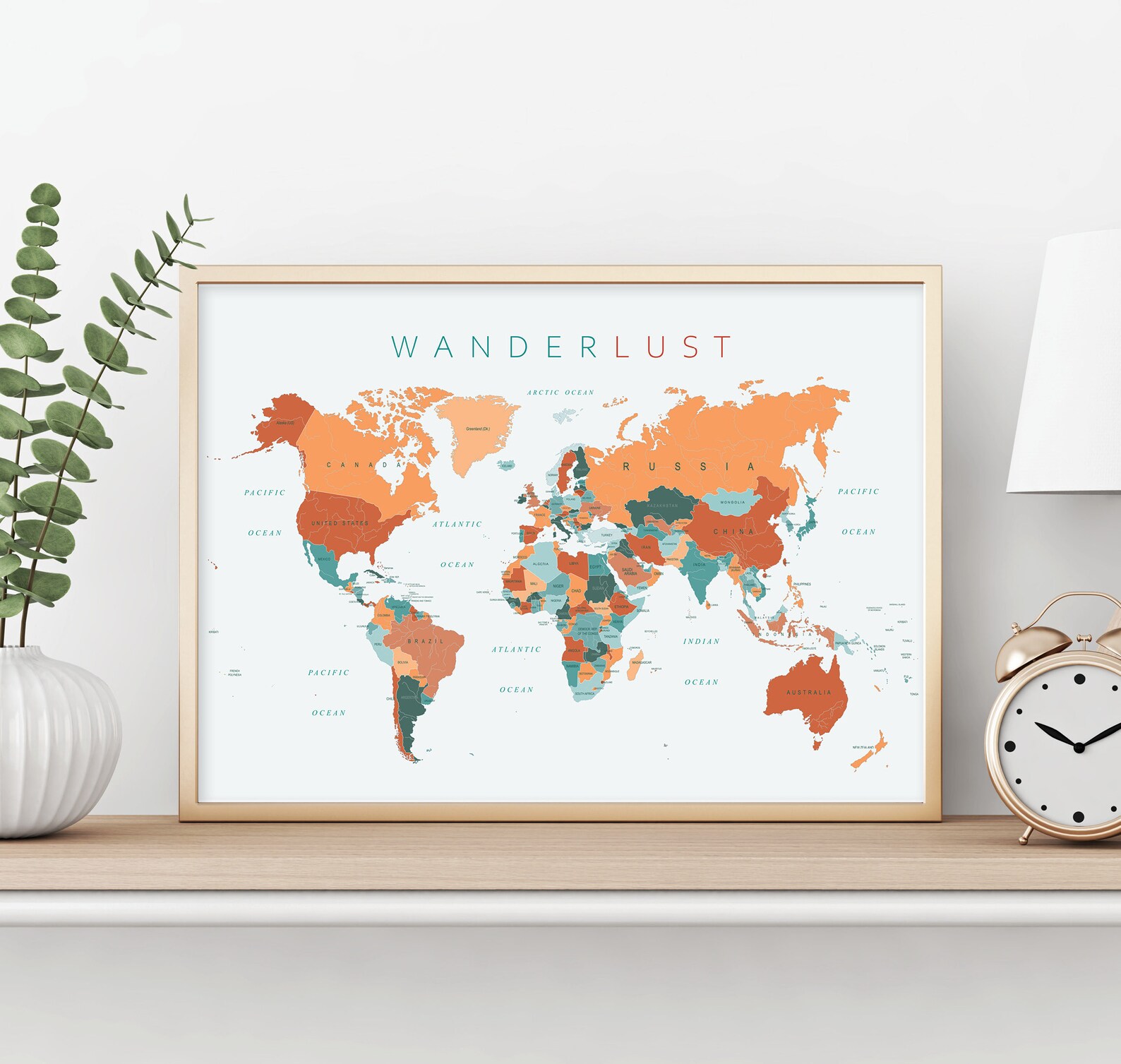 Wanderlust World Map Printable Burnt Orange Teal Map of the - Etsy