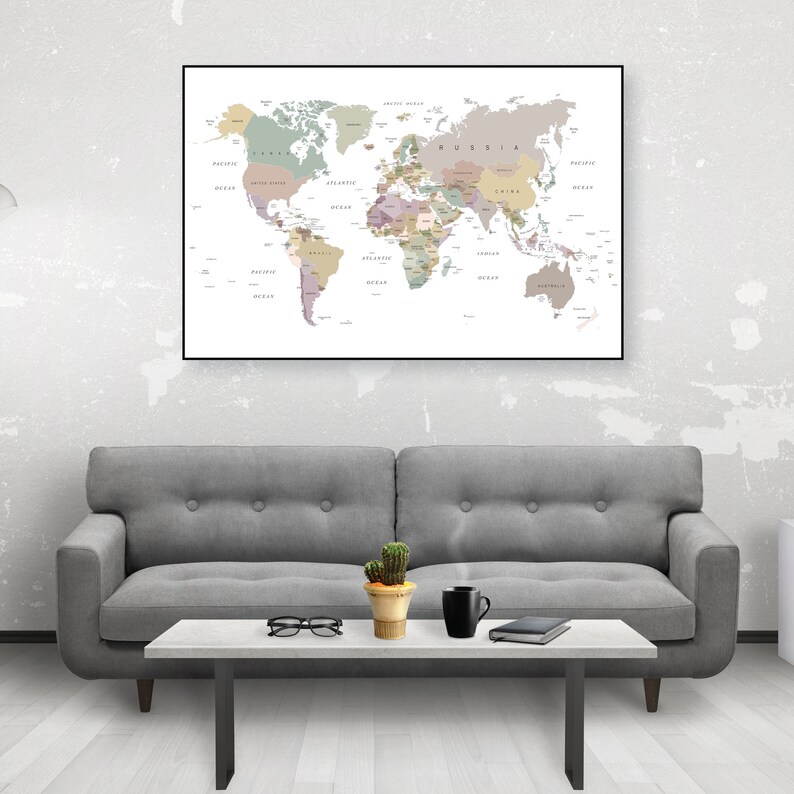 Printable world map poster warm neutral colors Downloadable | Etsy