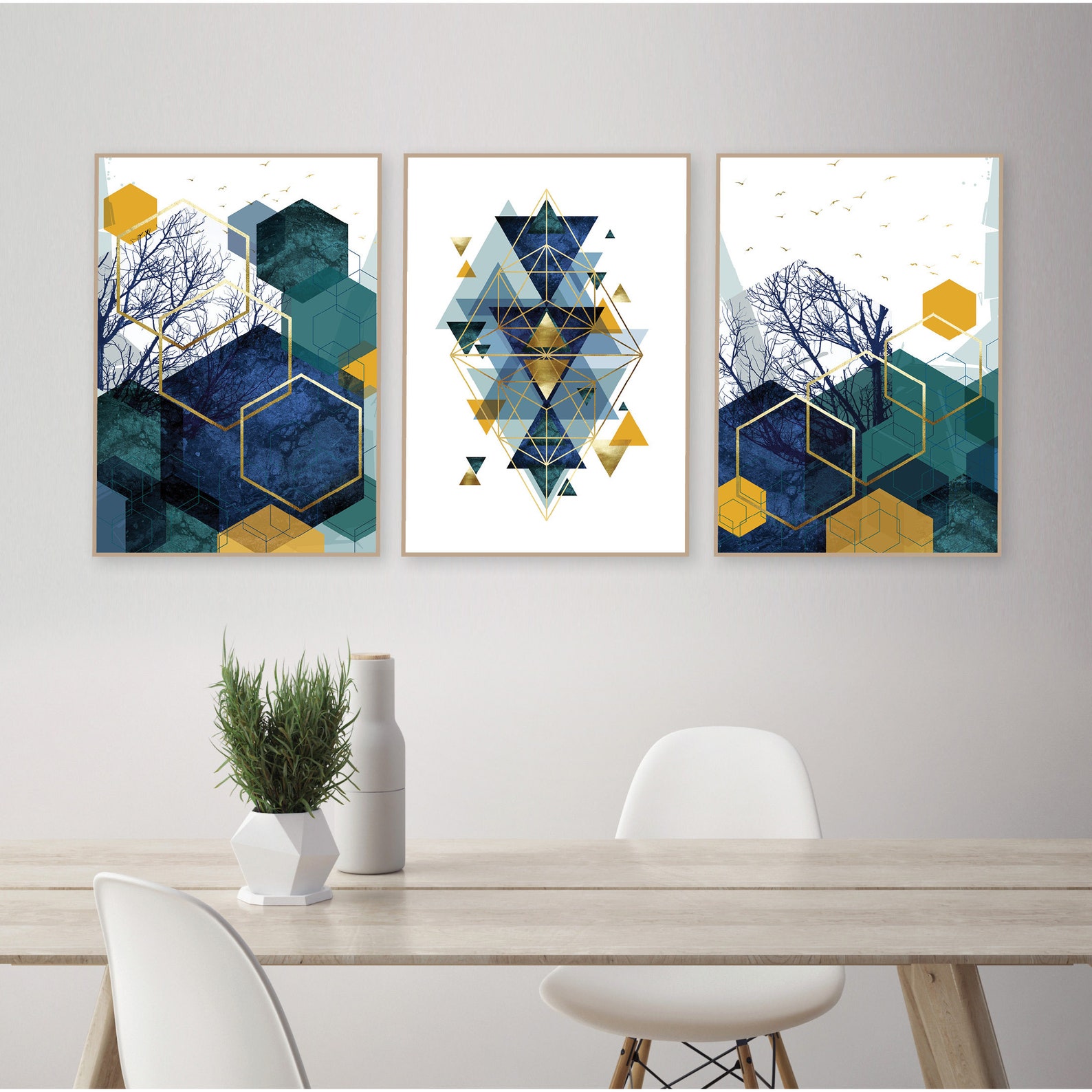 Abstract Geometric Prints, Navy Teal Ochre, Set of 3 (digital Download ...