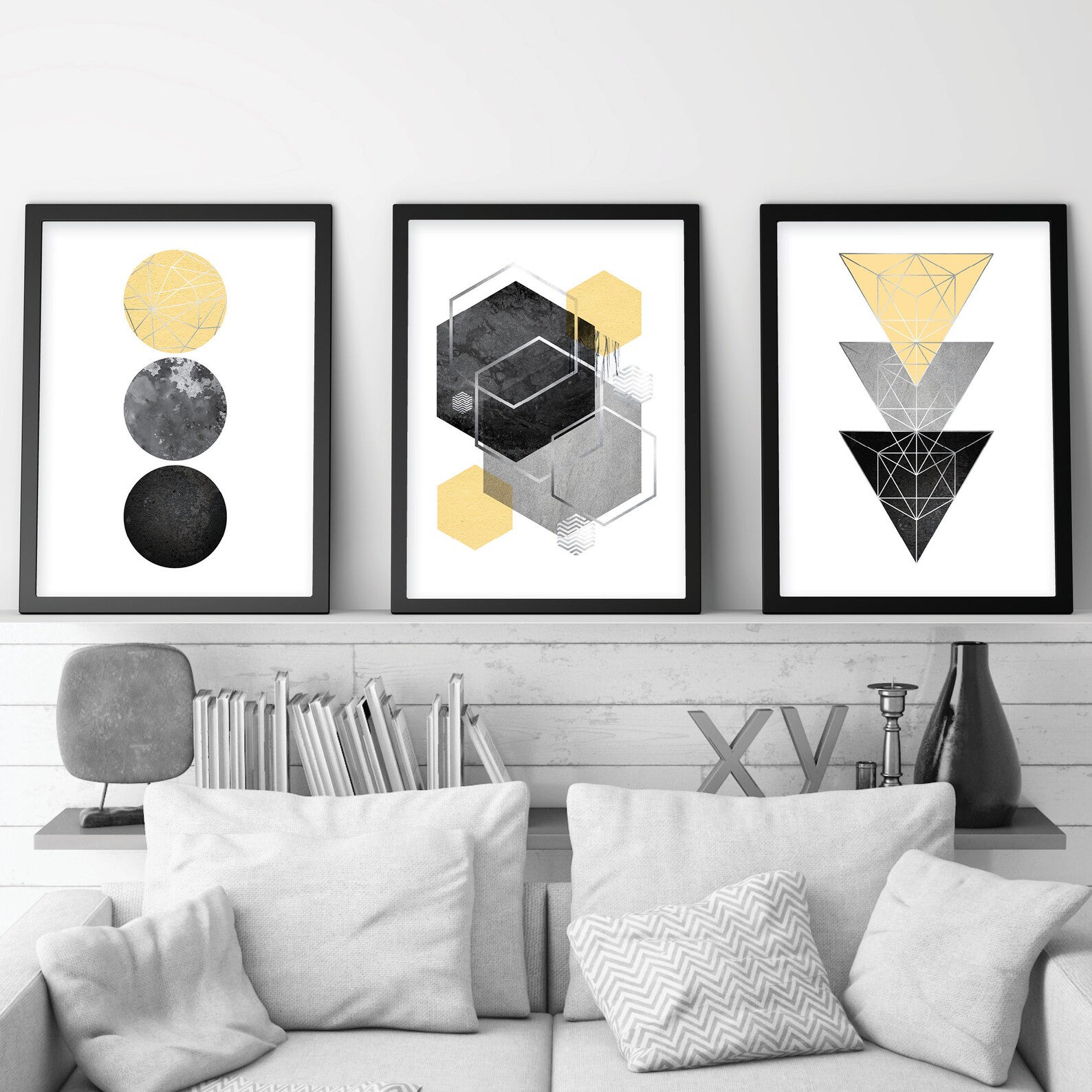 Geometric Art Downloads in Yellow Grey Black Silver Printable | Etsy