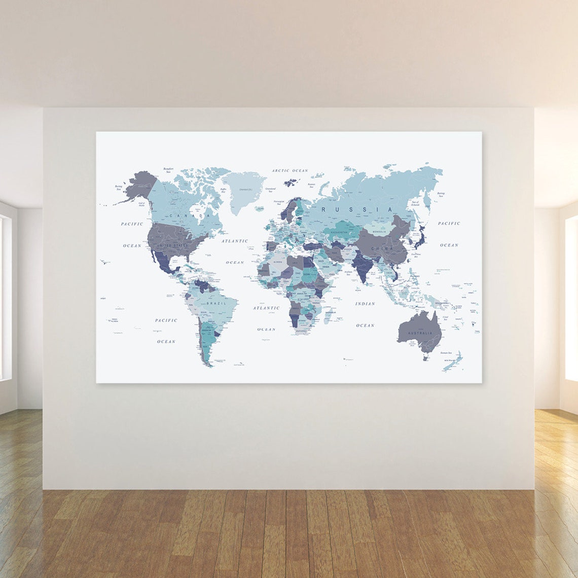 EXTRA LARGE Printable World Map in Blue XL Downloadable Map | Etsy