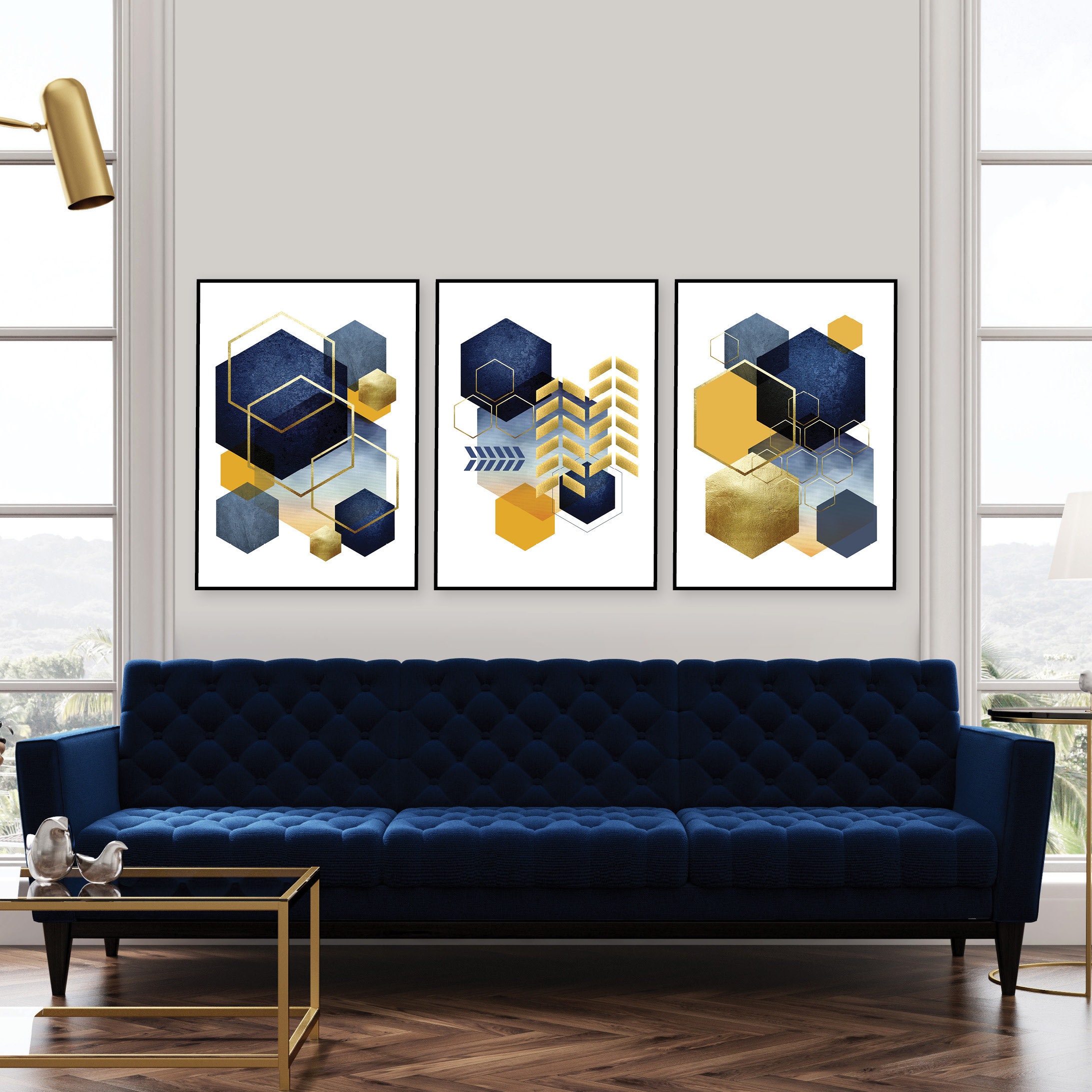 Printable Wall Art Geometric Navy Blue Mustard Yellow Blue | Etsy