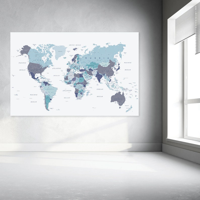 EXTRA LARGE Printable World Map in Blue XL Downloadable Map | Etsy