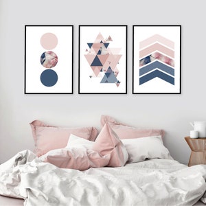 Printable Art, Blush, Navy, Set of 3, Geometric Navy Blush, Blue Blush ...
