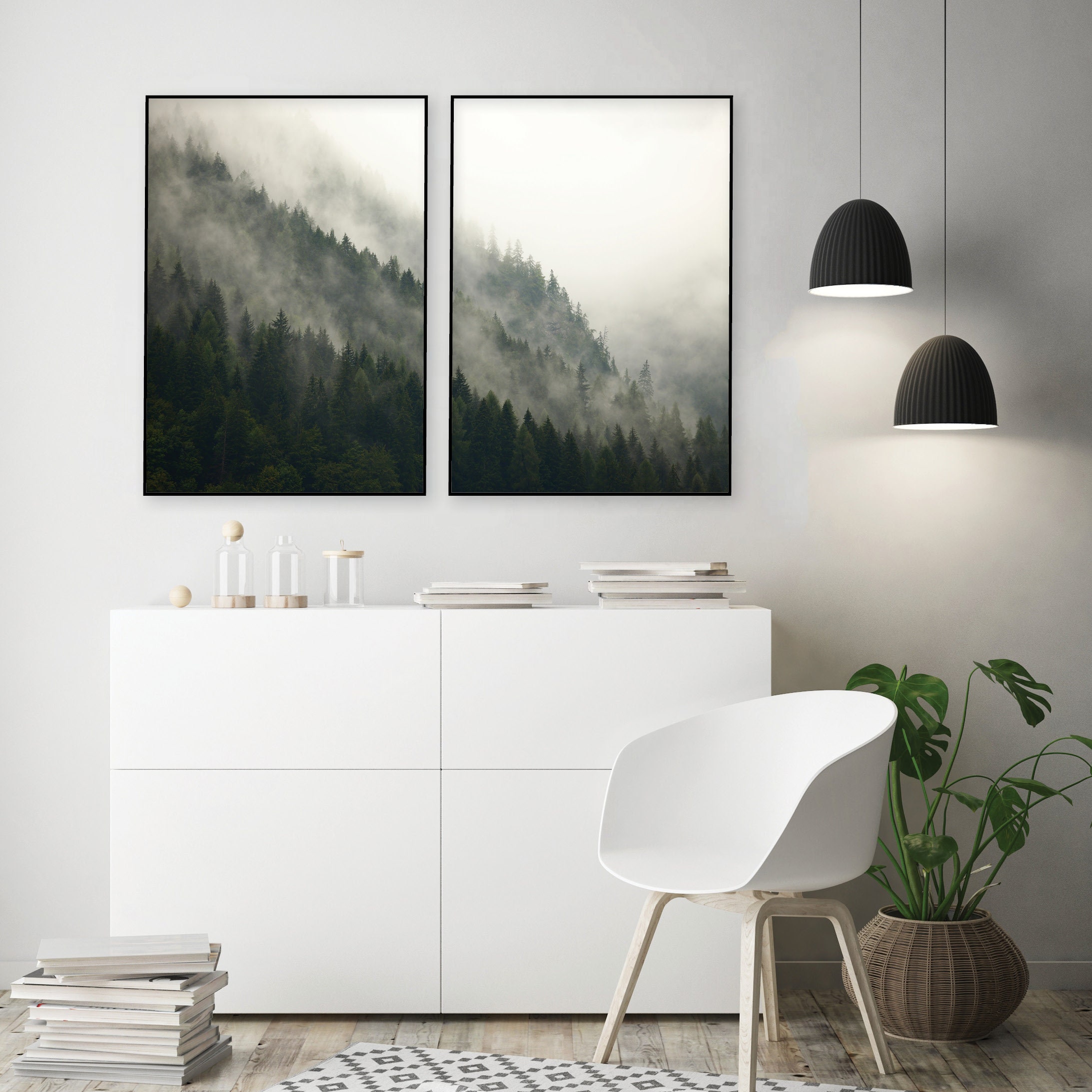 Set of 2 Downloadable Scandinavian Mountain Mist Printable Art | Etsy