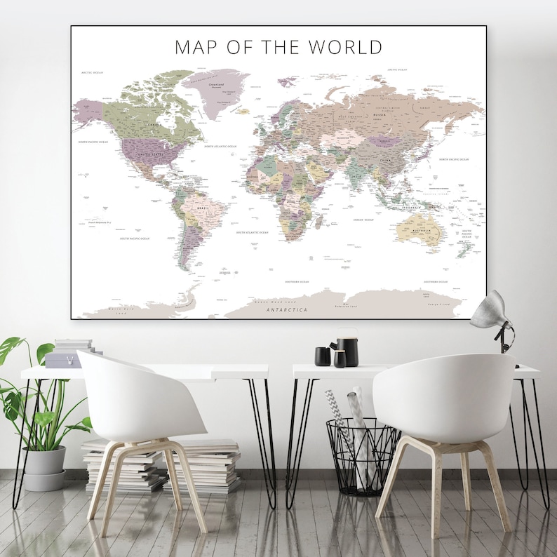 Highly Detailed Printable World Map Poster in Muted Neutral - Etsy ...
