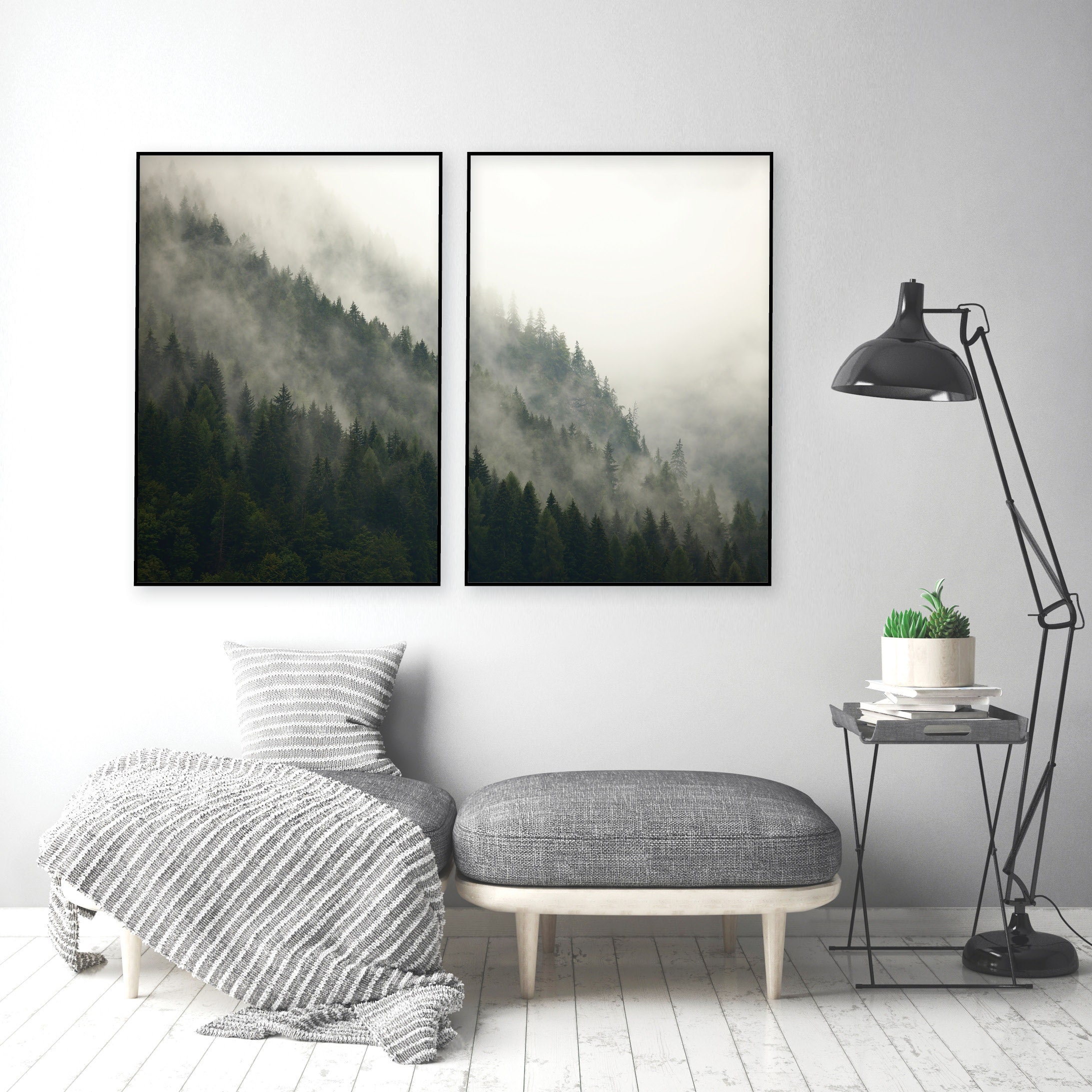 Set of 2 Downloadable Scandinavian Mountain Mist Printable Art | Etsy