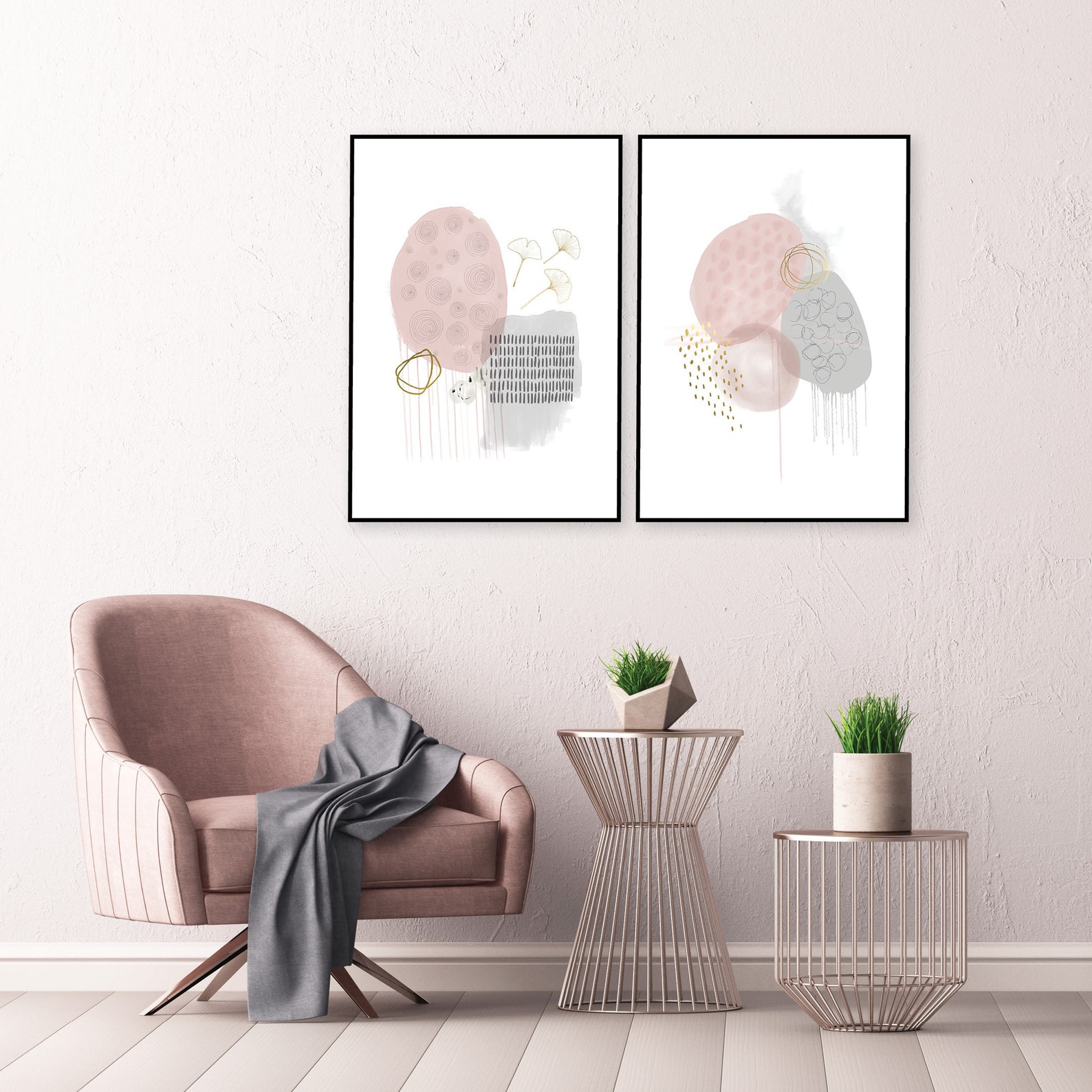 Printable Art Set Downloadable Print Set Pink Grey Gold - Etsy