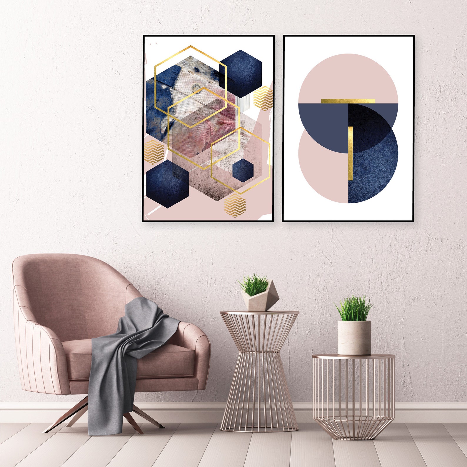 Blush Navy Gold Set of 2 Printable Abstract Digital Download | Etsy