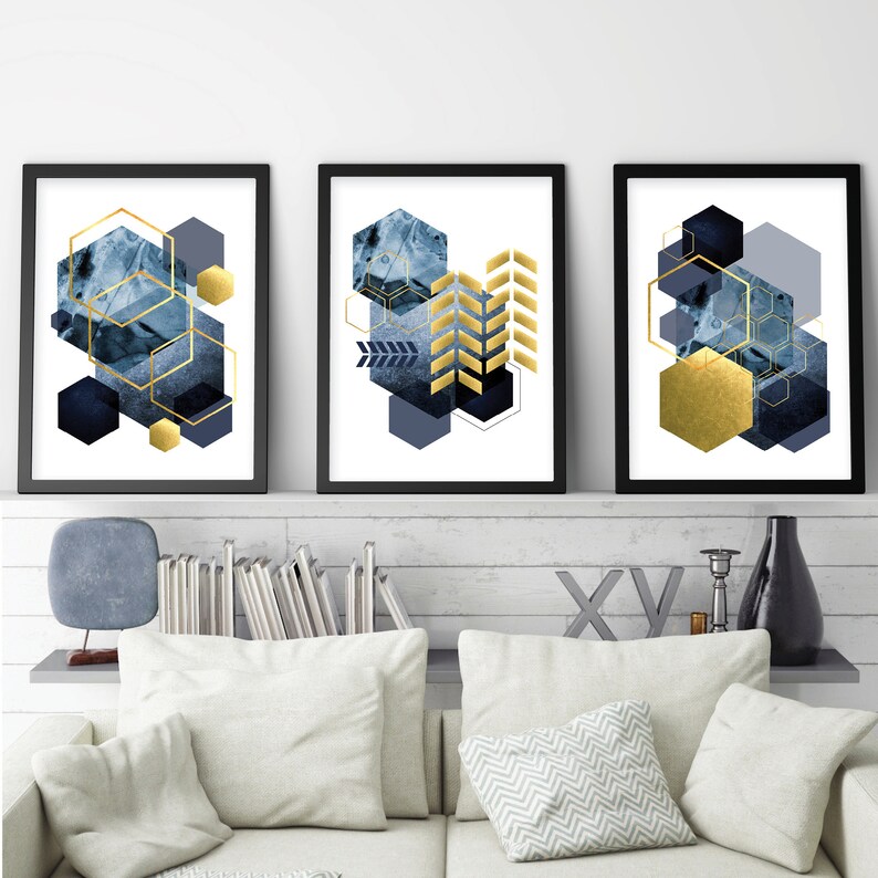 Set of 3 Downloadable Navy Blue Gold Geometric Prints Instant - Etsy