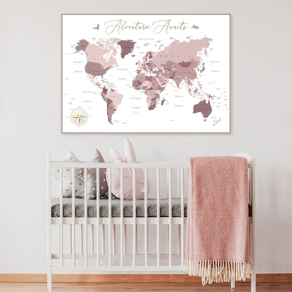 Printable World Map for Girl Nursery Adventure Awaits Map of - Etsy