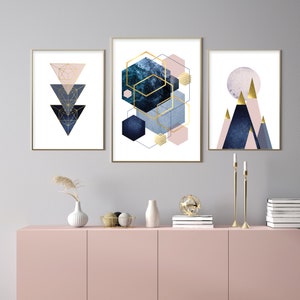 Set of 3 Printable Blush Pink Navy Blue Gold Posters, Living Room Art ...