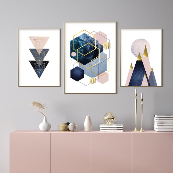 Set of 3 Printable Blush Pink Navy Blue Gold Posters Living | Etsy UK