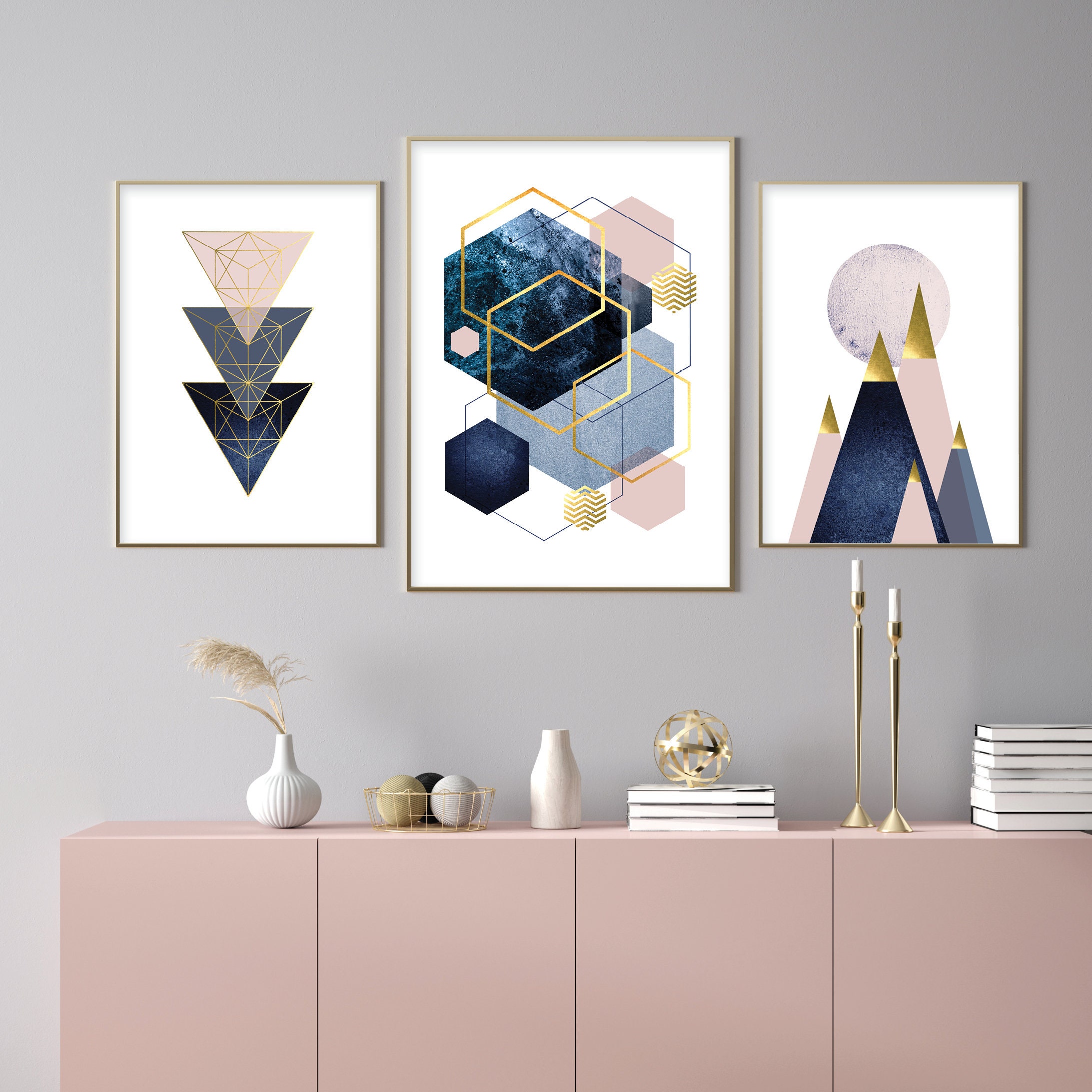 Set of 3 printable blush pink navy blue gold posters Living | Etsy