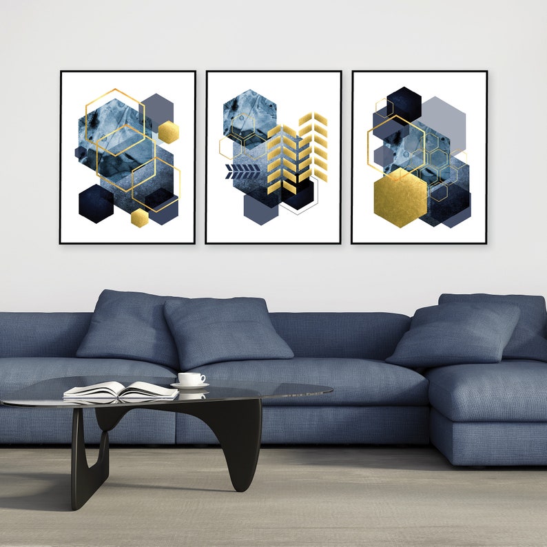 Set of 3 Downloadable Navy Blue Gold Geometric Prints Instant - Etsy