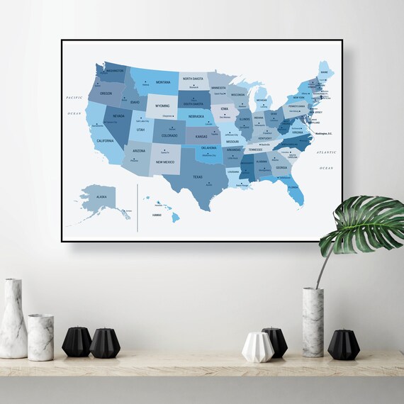 Printable Red USA Map Print Map Wall Art Watercolor USA USA Poster Blue ...