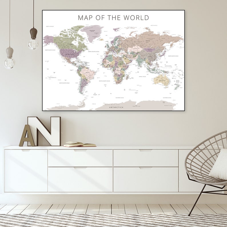 Highly Detailed Printable World Map Poster in Muted Neutral - Etsy ...