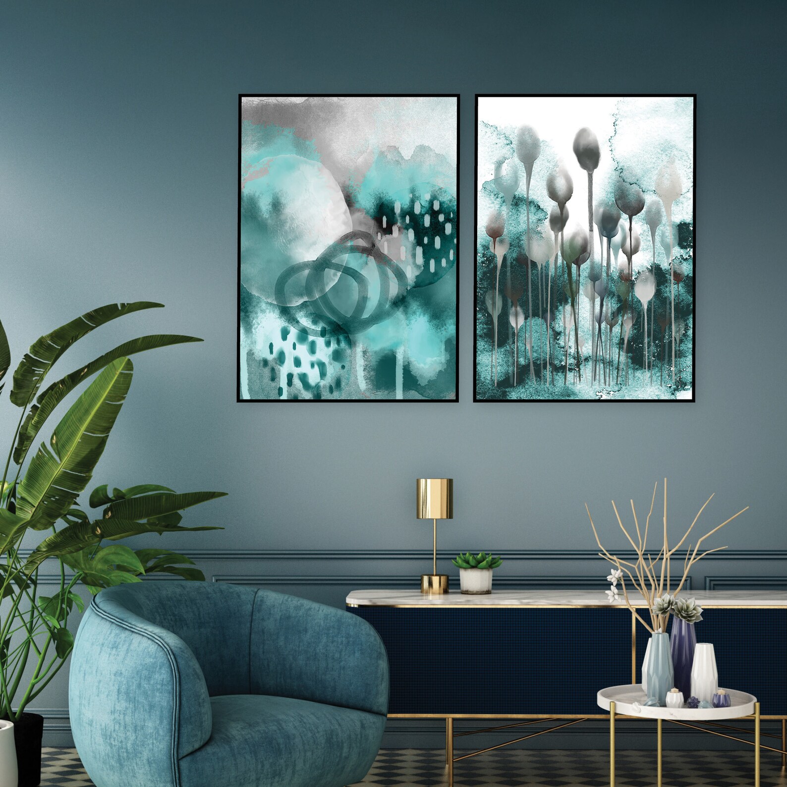 Set of 2 Teal Abstract Downloadable Prints Wall Art Abstract | Etsy
